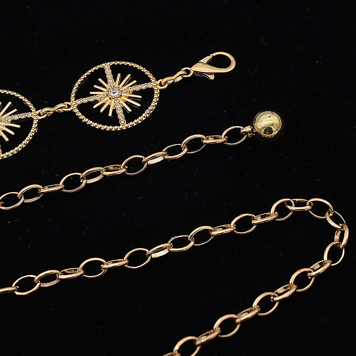 Glamorstar Chain Belts for Women Hollow Metal Waist Chain Belts Dress Belt for Her Circle Crystal Compass Gold 150CM