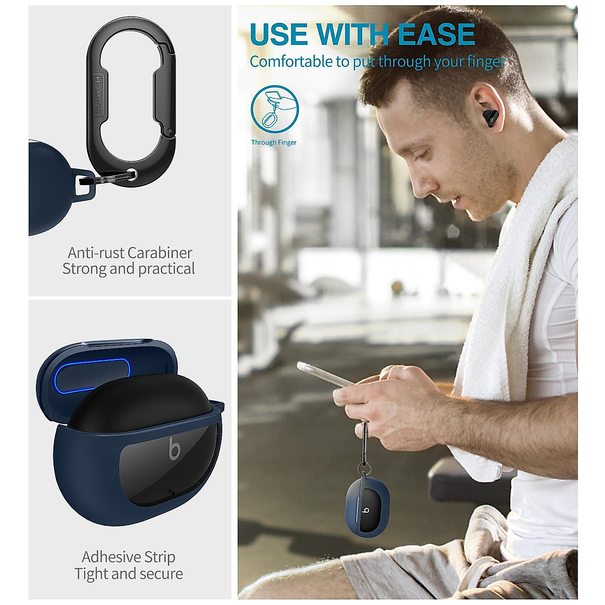 SURITCH Protective Case for Beats Studio Buds 2021, Studio Buds+ Plus 2023 Case Cover with Carabiner Keychain, Skin-friendly TPU Shockproof Protector for Earbuds Charging Case Accessories, Navy Blue