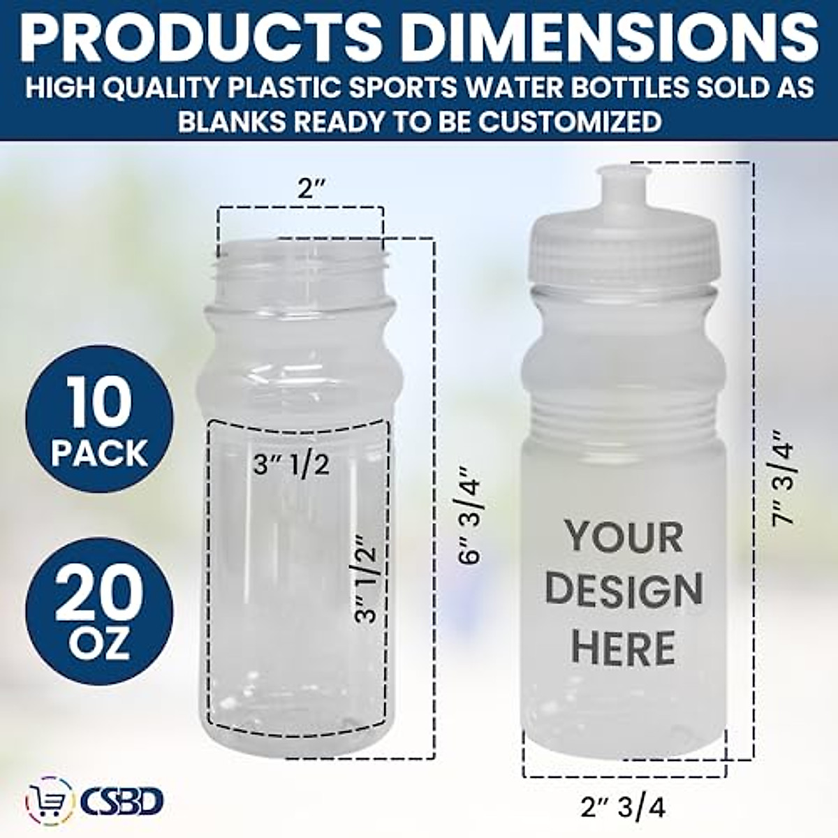 CSBD 20 oz. Bulk Reusable Plastic Water Bottles, 10 Pack, Made in USA, Clear, BPA Free, Perfect for Gym, Cycling, Hiking, Yoga, Fits Bike Cages, Ideal for Sports Teams, Parties, Customizable