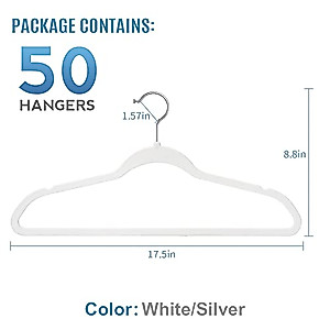 TIMMY Hangers Non-Slip Velvet Hangers - Suit Hangers (50-Pack) Ultra Thin Space Saving Coat Hanger and Heavy Duty Clothes Hangers Hold Up-to 10 Lbs-White/Silver