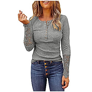 Womens Fall Tops,Long Sleeve Sexy Lace V-Neck Henley Shirts Casual Slim Fit Button Up Crochet Knit Pullover Blouses Gray