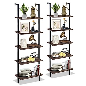 Wolawu 5 Tiers Ladder Shelf 2-Piece Black Modern Tall Bookshelf Open Large Tall Wall Mount Storage Bookcase Standing Leaning Wall Shelves Industrial Decorative