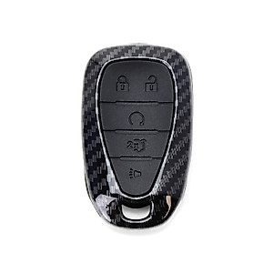iJDMTOY Compatible with Chevy 2016-up Camaro Cruze, 2017-up Malibu Sonic, Carbon Fiber Hydrographic Printing Design Smart Key Fob Cover Shell w/Black Silicone Keypad Button Skin
