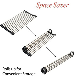 Kitchen Details Over The Sink Drying Rack | Roll Up Dish Mat | Easy Storage | Stainless Steel | Non-Slip Silicone | Drain Tray | BPA Free | Food Safe | Space Saving | Grey