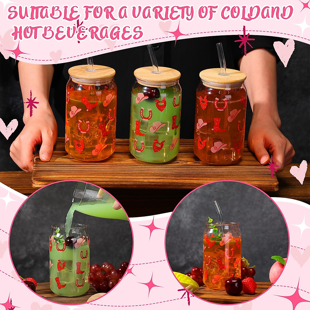 Yaomiao 4 Sets Glass Cups with Bamboo Lids and Straws, 16 oz Drinking Beer Can Iced Coffee Cup with Lid Straw and Cleaning Brush Reusable Tumbler Drinking Glass Coffee Gift Idea (Cowgirl)