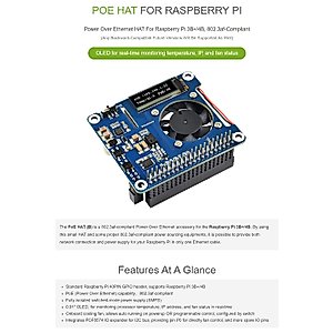Waveshare PoE HAT (B) Power Over Ethernet HAT Supports Raspberry Pi 3B+ and 4B, 802.3af PoE Network