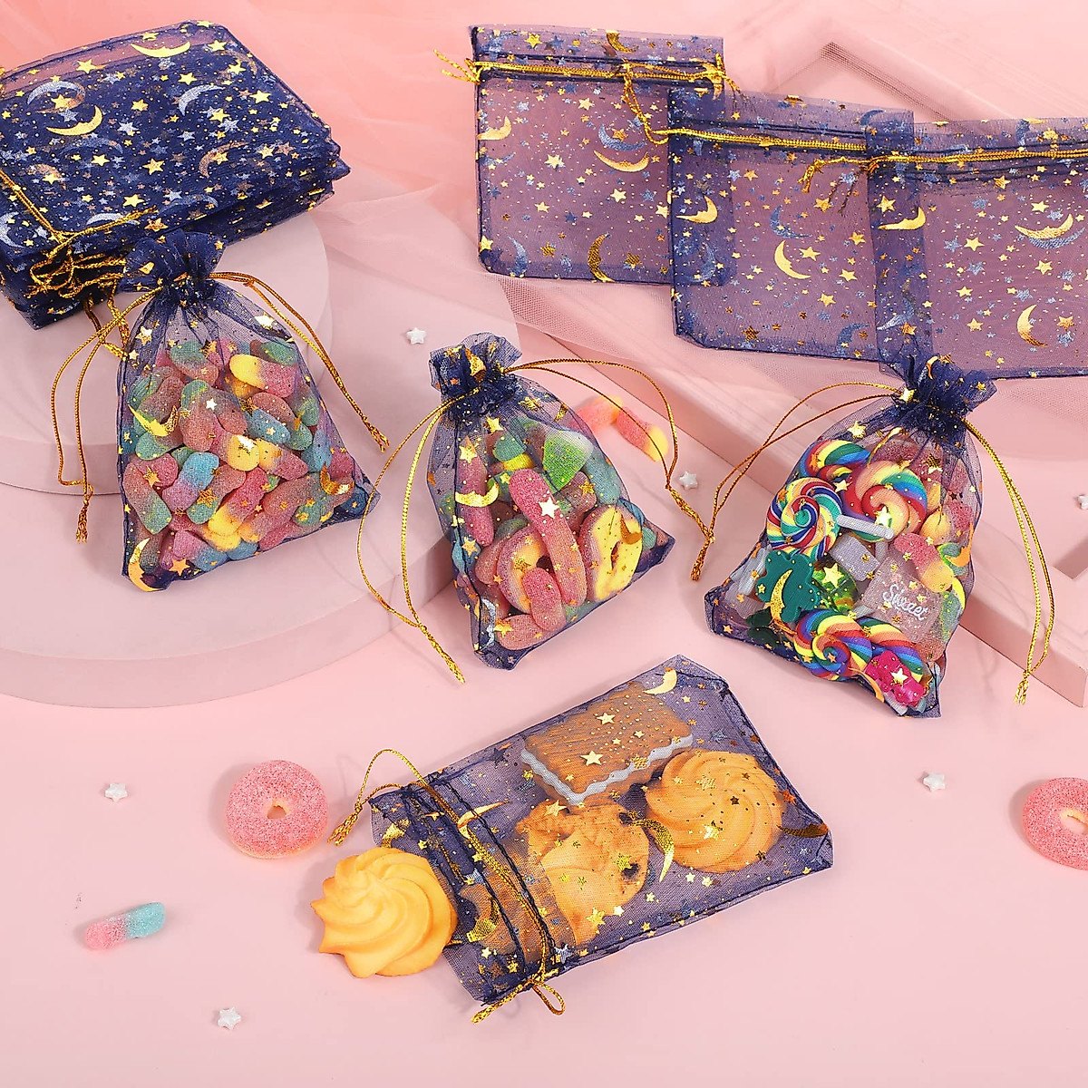 MIMIND 200 Pieces Organza Gift Bags Moon Stars Drawstring Bags Party Favor Jewelry Makeup Bags Candy Chocolate Bags for Wedding, Birthday Party Supplies (3.5 x 4.7 Inches, Navy)