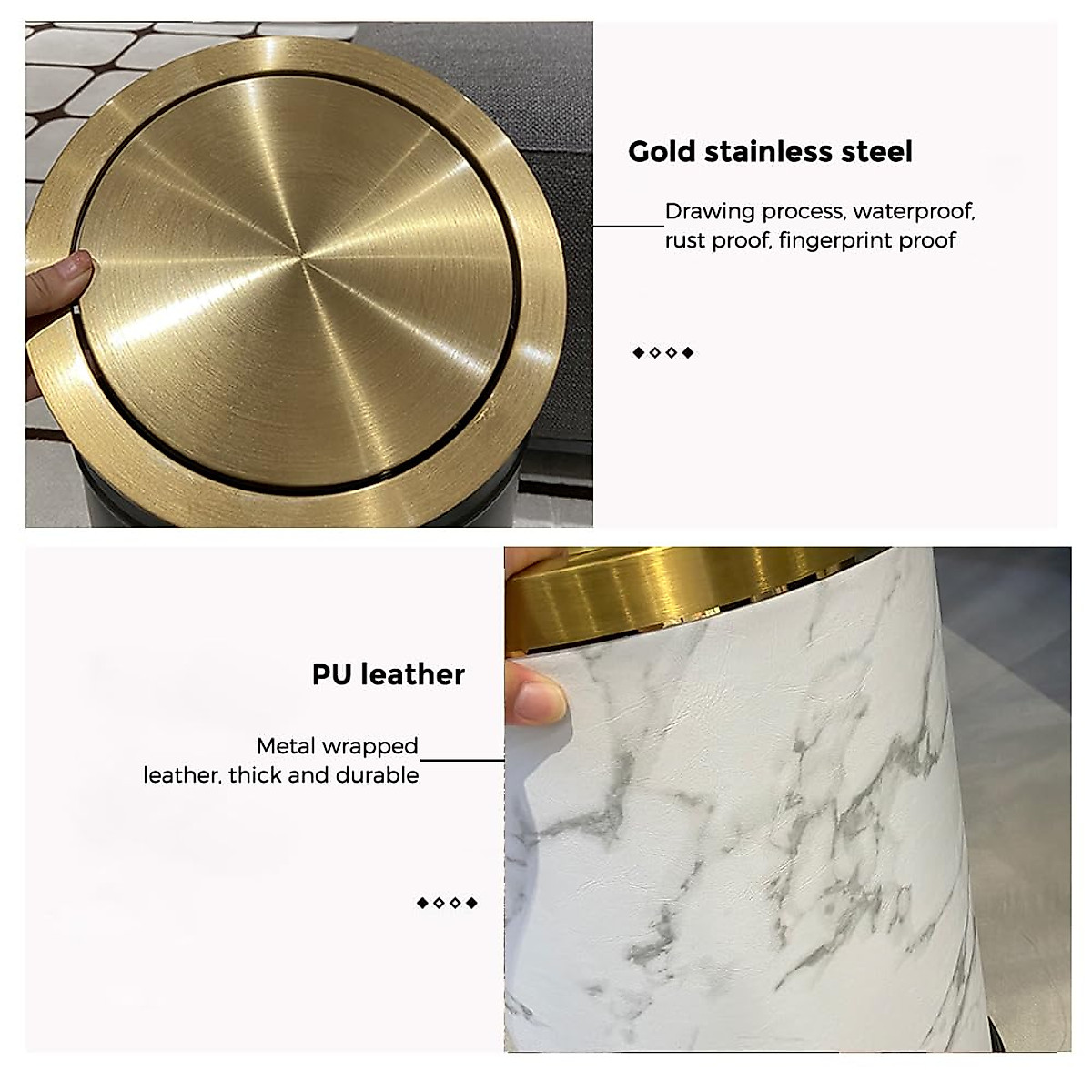 LEASYLIFE 15L4gallon,Leather Trash can,Bathroom Garbage can with lid,Trash Can with Flipping Lid,Garbage cans for Kitchen，Living Room. Metallic Gold (Marble)