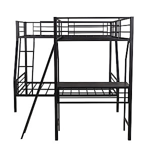 Twin Over Full Bunk Bed, L-Shaped Metal Triple Bunk Bed Frame Attached Twin Loft Bed with DeskLadderGuardrails, 3 Bed Bunk Beds for KidsTeens LF, Black