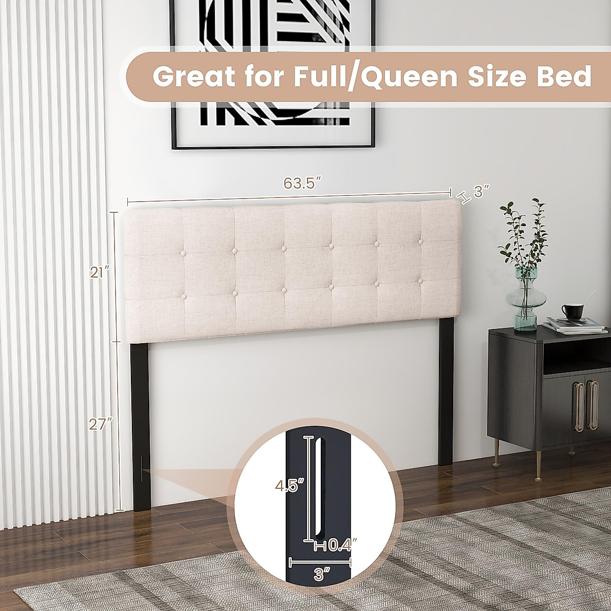 KOMFOTT Linen Upholstered Headboard for Full & Queen Size Bed Frame, Tufted Button Bed Headboard with Solid Rubber Wood Legs, Rectangular Headboard with Adjustable Width, Beige