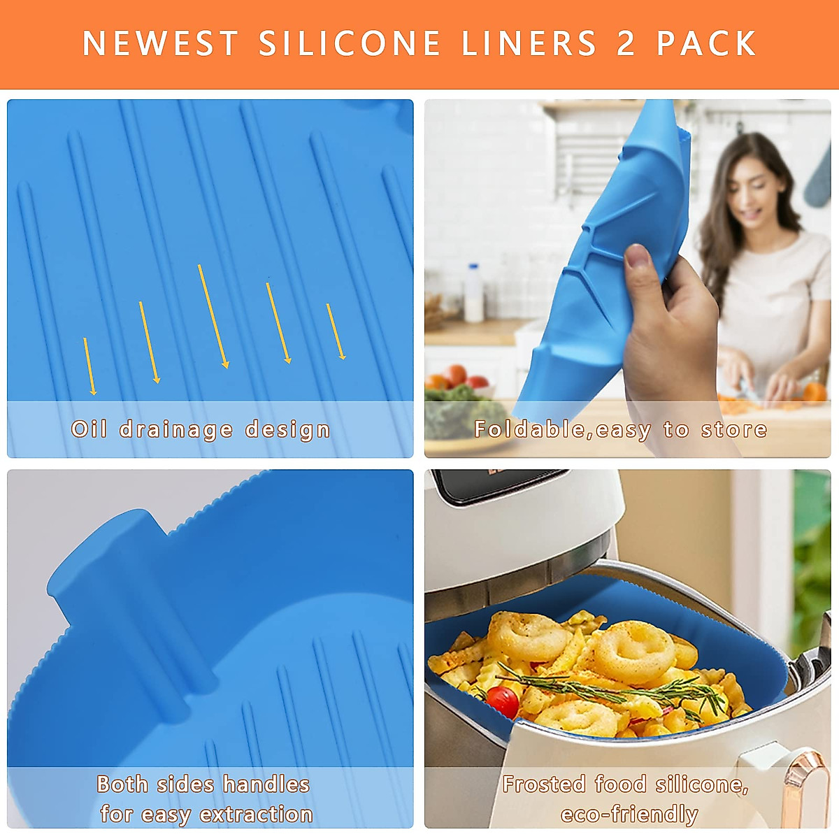 Air Fryer Silicone Liners Square - 8 Inch Reusable Silicone Air Fryer Liners 2 Pack with Oil Sprayer for Cooking Food Safe for 4 to 7 Qt Air Fryer Basket Oven Accessories