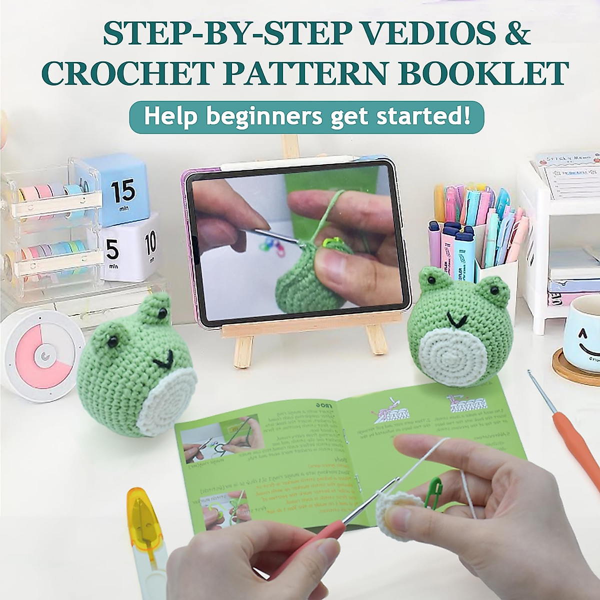 Chiikimu Crochet Kit for Beginners, Amigurumi Crochet Starter Kit with Step-by-Step Video Tutorial, Beginner Crochet Kit for Kids Adults Learn to Crochet Animals Kit, Frog Brothers (50%+ Extra Yarns)