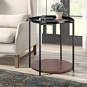 RUNTOP Round Side Table, Metal End Table with Removable Top Tray, Small Bedside Table Nightstand, 2 Tier Storage Shelf Wooden Side End Table for Living Room, Bedroom, Nursery, Sofa