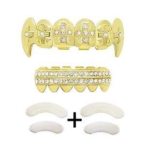 TSANLY Gold Grillz Teeth Set 24k Plated Gold CZ Diamonds Vampire Fangs Grillz Top & Bottom Set Iced Out Grill for Son + Extra Molding Bars + Microfiber Cloth