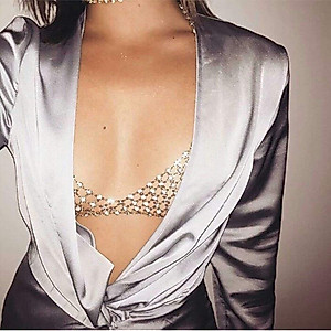idealway Sexy Crystal Rhinestones Body Jewelry Fashion Bikini Chain Necklace Hollow Out Underwear Bra Design Summer Beach (Gold) (Silver)