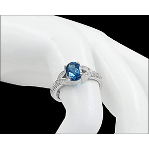 925 Solid Silver Natural London Blue Topaz 8X6 MM Oval Cut December Birthstone Statement Unisex Proposal Ring For Love and Friendship Gift (Rhodium Plated Silver, 6)