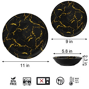 Melamine Dinnerware Sets - 12 pcs Melamine Plates Indoor and Outdoor use Black Marble Plates and Bowls Dinnerware Sets Camping Dish Set for 4 Dishwasher Safe(Sahara Gold)