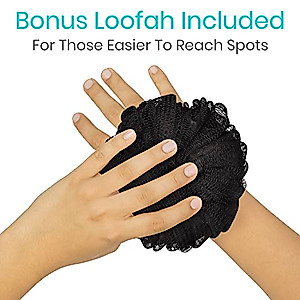 Loofah Back Scrubber by Vive - Long Handled Exfoliating Bath & Shower Body Brush Luffa Sponge On a Stick w/String for Hook - Men & Women (Loofah Brush Dark Wood)