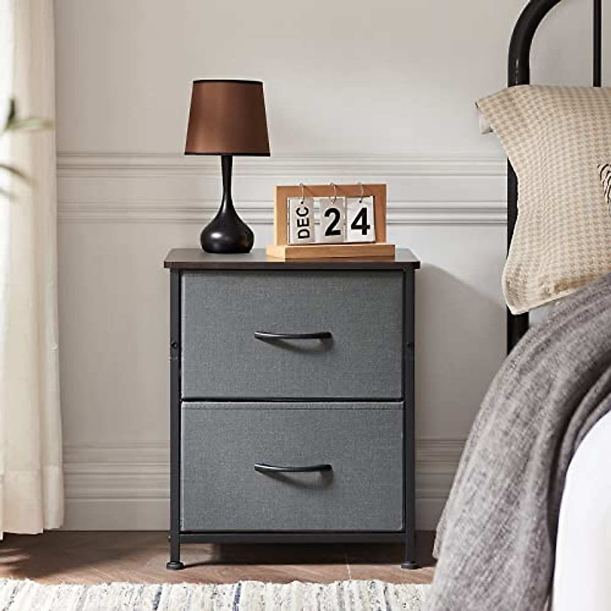 Somdot Nightstand with 2 Drawers, Bedside Table Small Dresser with Removable Fabric Bins for Bedroom Nursery Closet Living Room - Sturdy Steel Frame, Wood Top, Pull Handle - Charcoal Grey/Dark Walnut