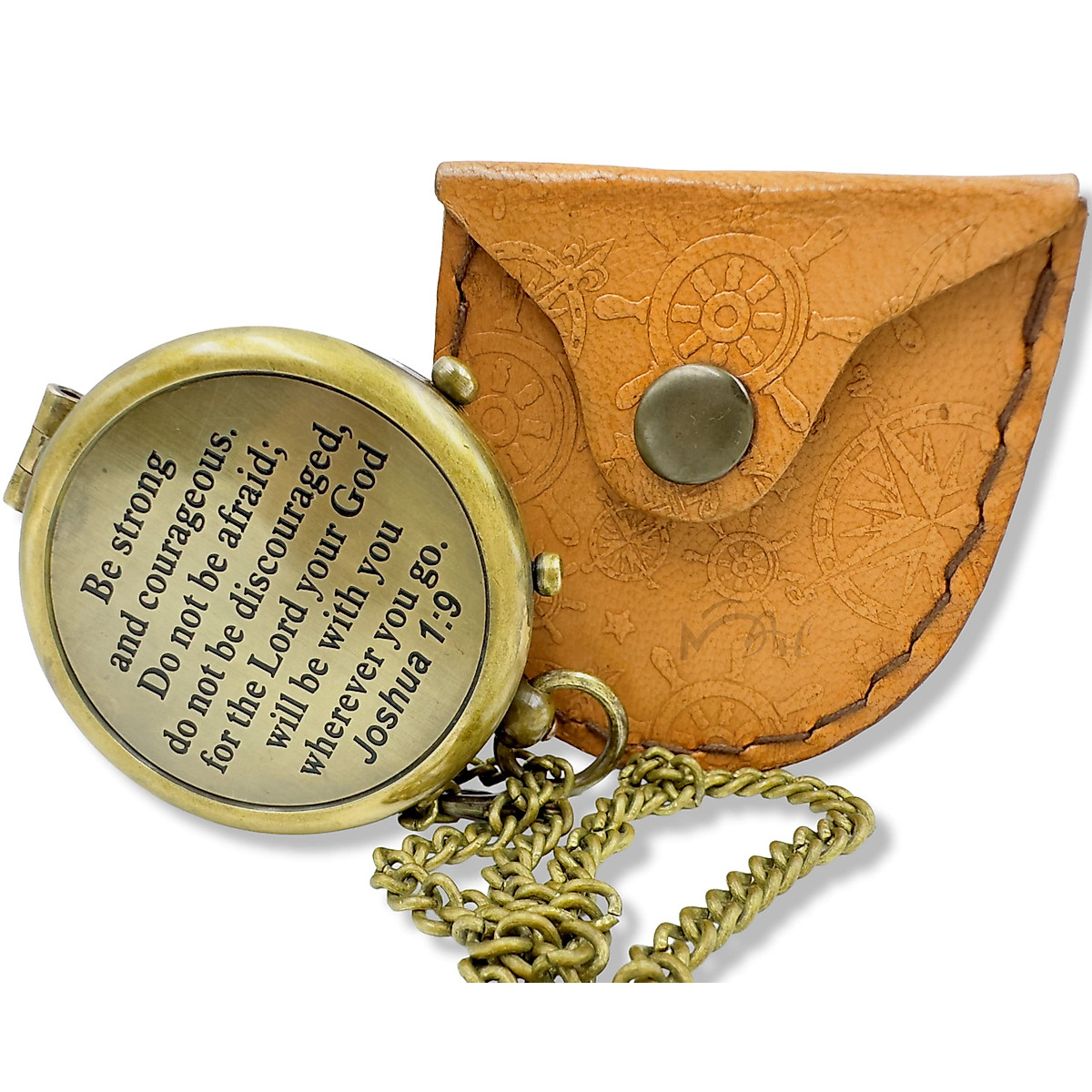 MAH Be Strong and Courageous Brass Religious Compass Gift Confirmation Baptism Easter Christian Catholic Graduation Trekking Adventure Engraved Scripture Prayer Gift for Men Women Teenage Boys Girls