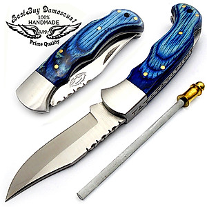 Best.Buy.Damascus1 Pocket Knife Blue Wood 420c Stainless Steel Folding Knife EDC hunting knife Pocket Knife for Men Gifts for Men