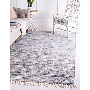 Unique Loom Chindi Cotton Collection Soft Hand Woven Natural Fiber Striped Area Rug, 9 ft x 12 ft, Gray/Ivory