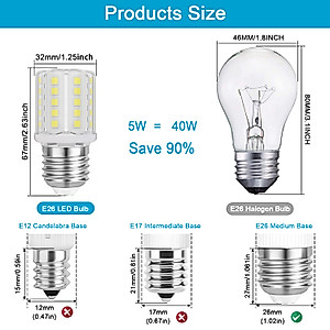 LED Refrigerator Light Bulb 40 Watt Appliance Fridge Freezer E26 Medium Base T10 Tubular A15 Compact Corn Lamp 120V 5W Daylight White 6000K, Pack of 2