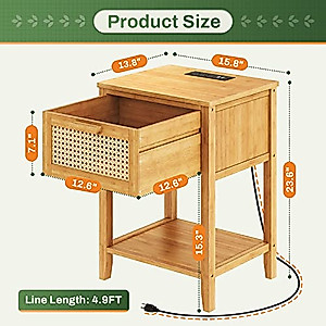 VIAGDO Nightstand with Charging Station, Bamboo End Table, Bedside Table with Rattan Drawer, Night Stand for Bedroom, Natural