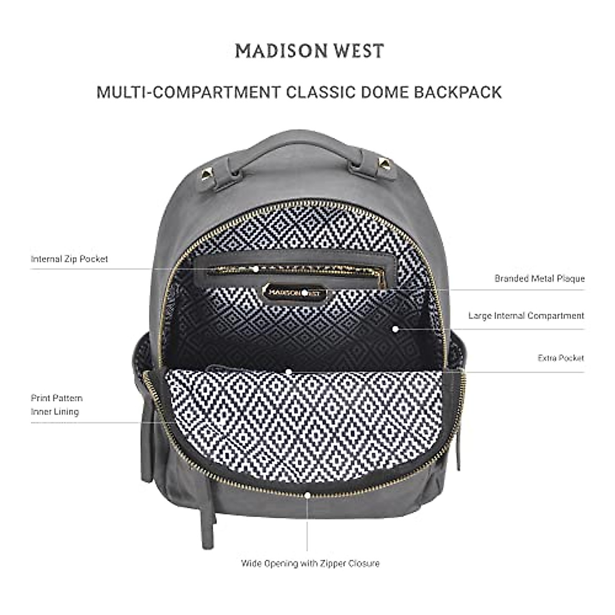 Madison West Kylee Backpack Purse for Women, Casual Daypack Handbag, Soft Vegan Leather - Charcoal