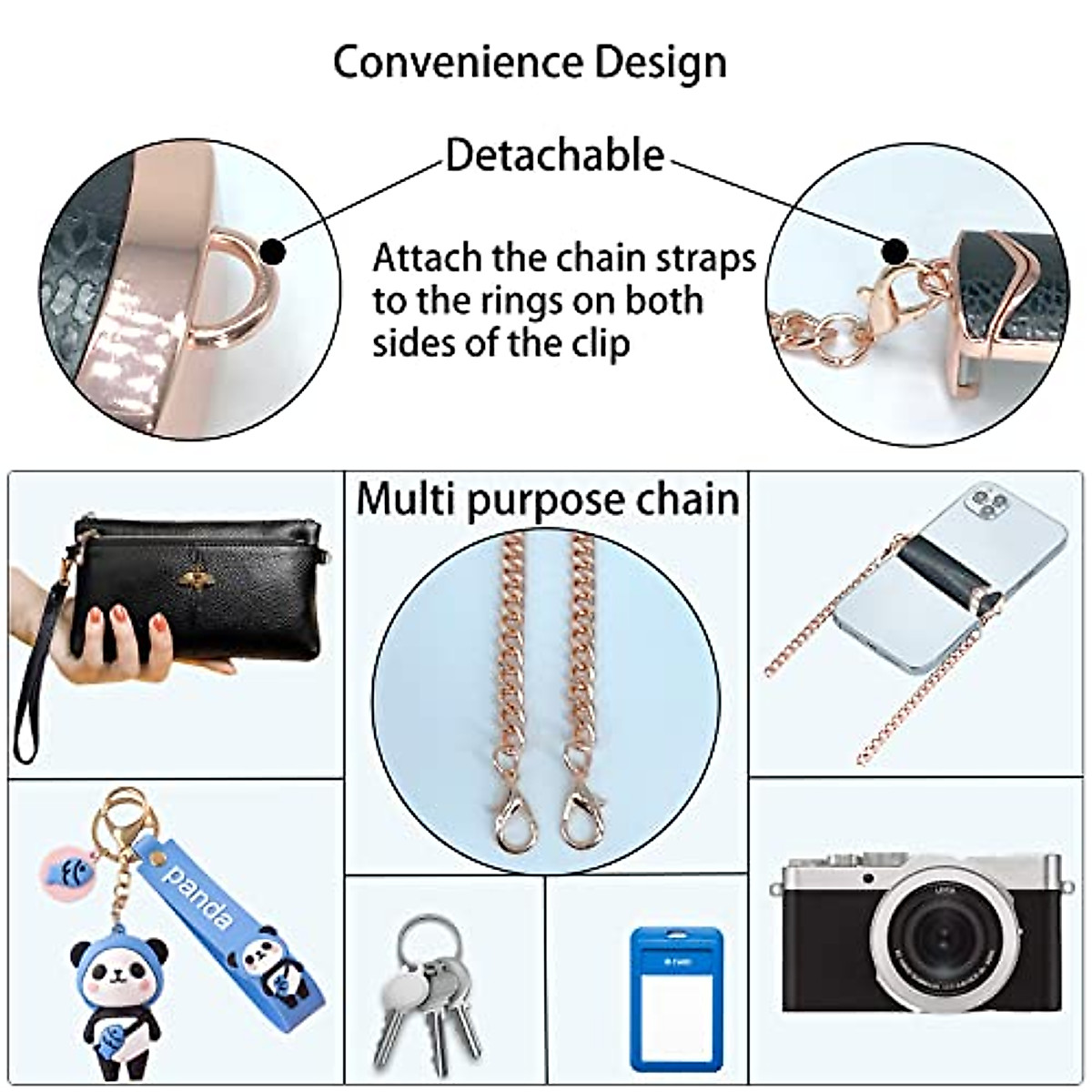 Universal Cell Phone Lanyard Holder, BERITNI Metal Crossbody Phone Chain with Clip Detachable Phone Tether Safety Strap Women Girls Compatible with iPhone 14 13, Most Smartphones, Black + Rose Gold