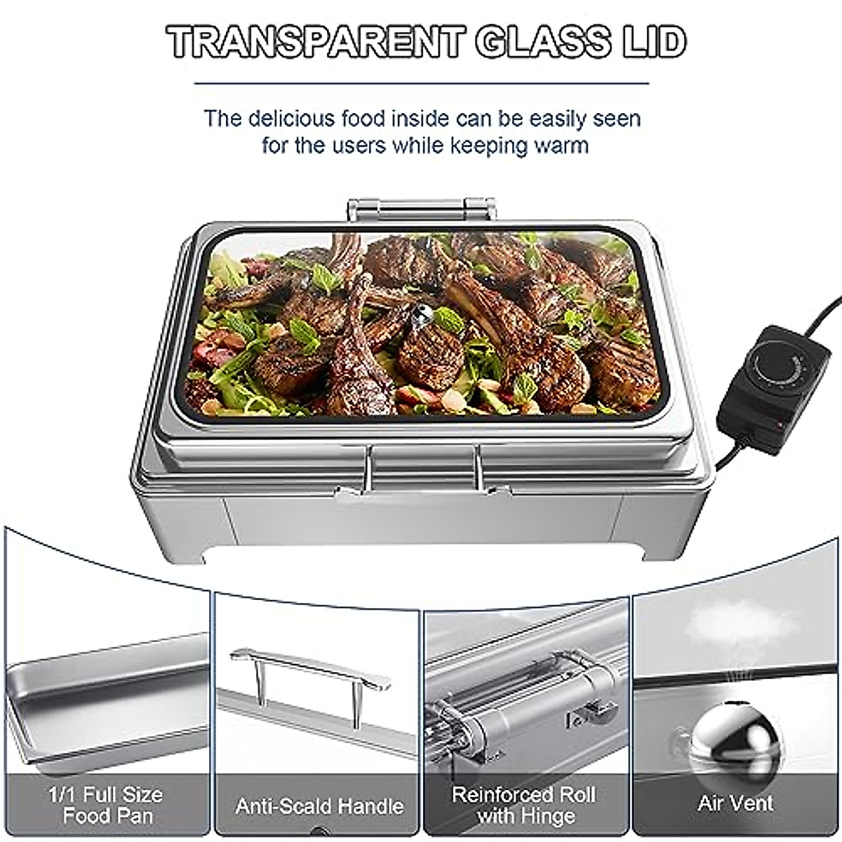 THXSUN Electric Chafing Dish Buffet Set, 9QT Stainless Steel Chaffing Dishes, 400W Buffet Servers and Warmers with Glass Lid, 9 Heating Levels, Food Warmers Chafers for Party Catering (1/1 Full Size)