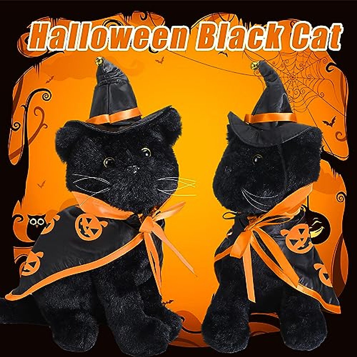 Jenaai Halloween Plush Cat 9.84 Inch Cute Pumpkin Halloween Stuffed Animals Pumpkin Cats Gift Stuffed Bat Soft Cat with Hat and Cloak for Kids Birthday Halloween Decorations Toy