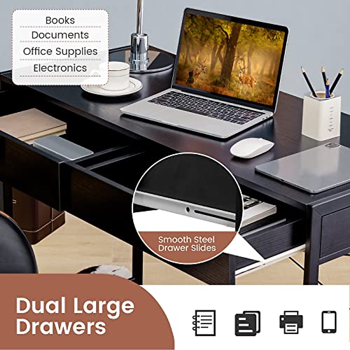 GOFLAME 44 inch Computer Desk with 2 Storage Drawers, Home Office Desk with Steel Frame, Simple Study Writing Workstation, Makeup Vanity Console Table for Living Room, Bedroom & Study (Black)