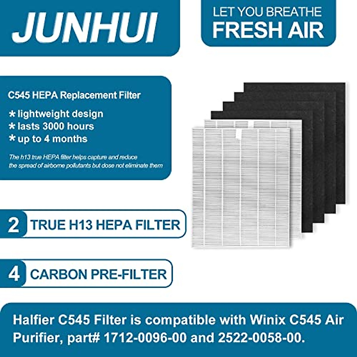 C545 True HEPA Replacement Filters for C545 B151, P150, 9300,Winix Filter S 1712-0096-00 and 2522-0058-00, 4 Carbon Prefilters+2 Pack H13 Filters