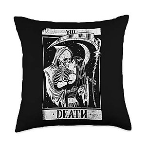 Witchcraft Dark Goth Gift Blackcraft Vintage Death The Grim Reaper Kiss Tarot Card Throw Pillow, 18x18, Multicolor