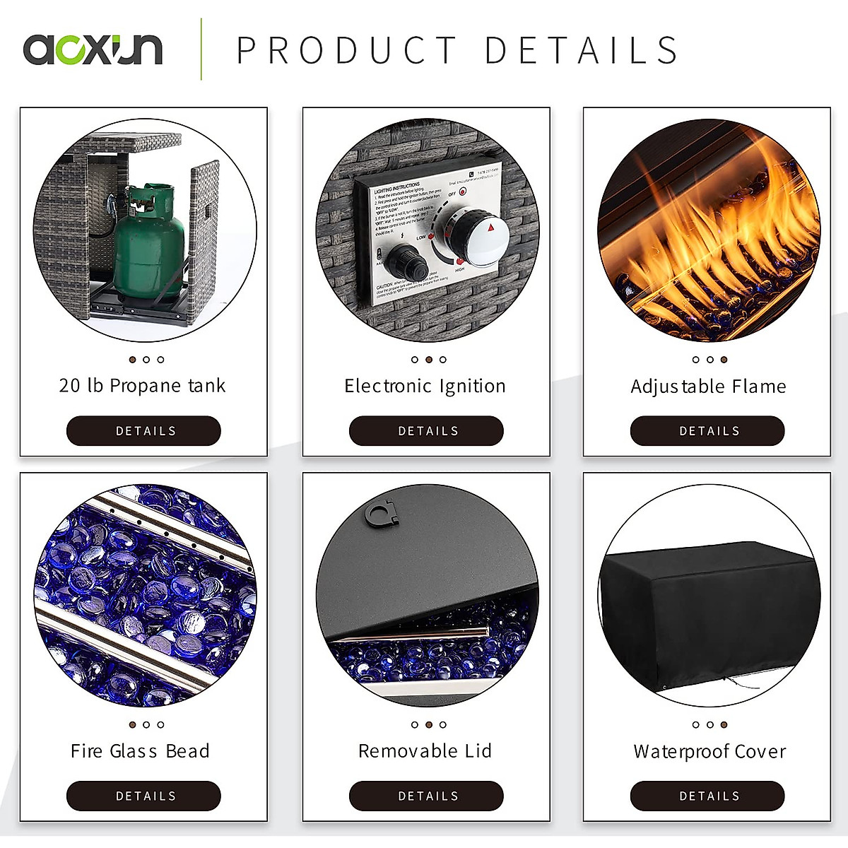 Aoxun Propane Fire Pit Table, 44 in CSA Propane Fire Table Rectangular, 50,000 BTU Auto Ignition Gas Fire Pit for Outside Patio Deck, Oxford Cover, Grey Wicker