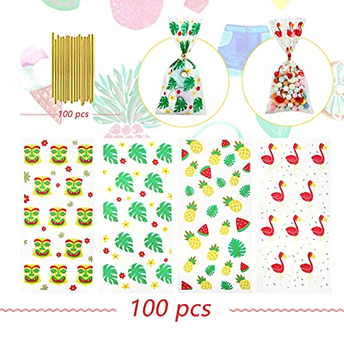 Kesote 100 Pieces Hawaiian Tropical Cellophane Treat Bags, Clear Pineapple Flamingo Goodie Candy Snack Bags Bulk with Twist Ties for Hawaiian Tropical Luau Summer Tiki Bar Party Favor Supplies