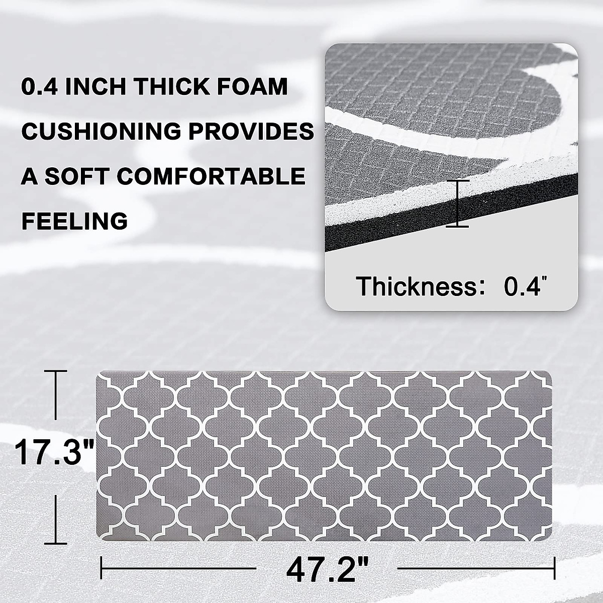 Roiboty Kitchen Mat Anti-Fatigue Kitchen Rug Cushioned Floor Mat, 17.3"x47.2", Waterproof & Non-Slip Kitchen Mats and Rugs, Comfort Standing Mat for Kitchen Floor, Laundry, Office, Sink, Desk, Gray