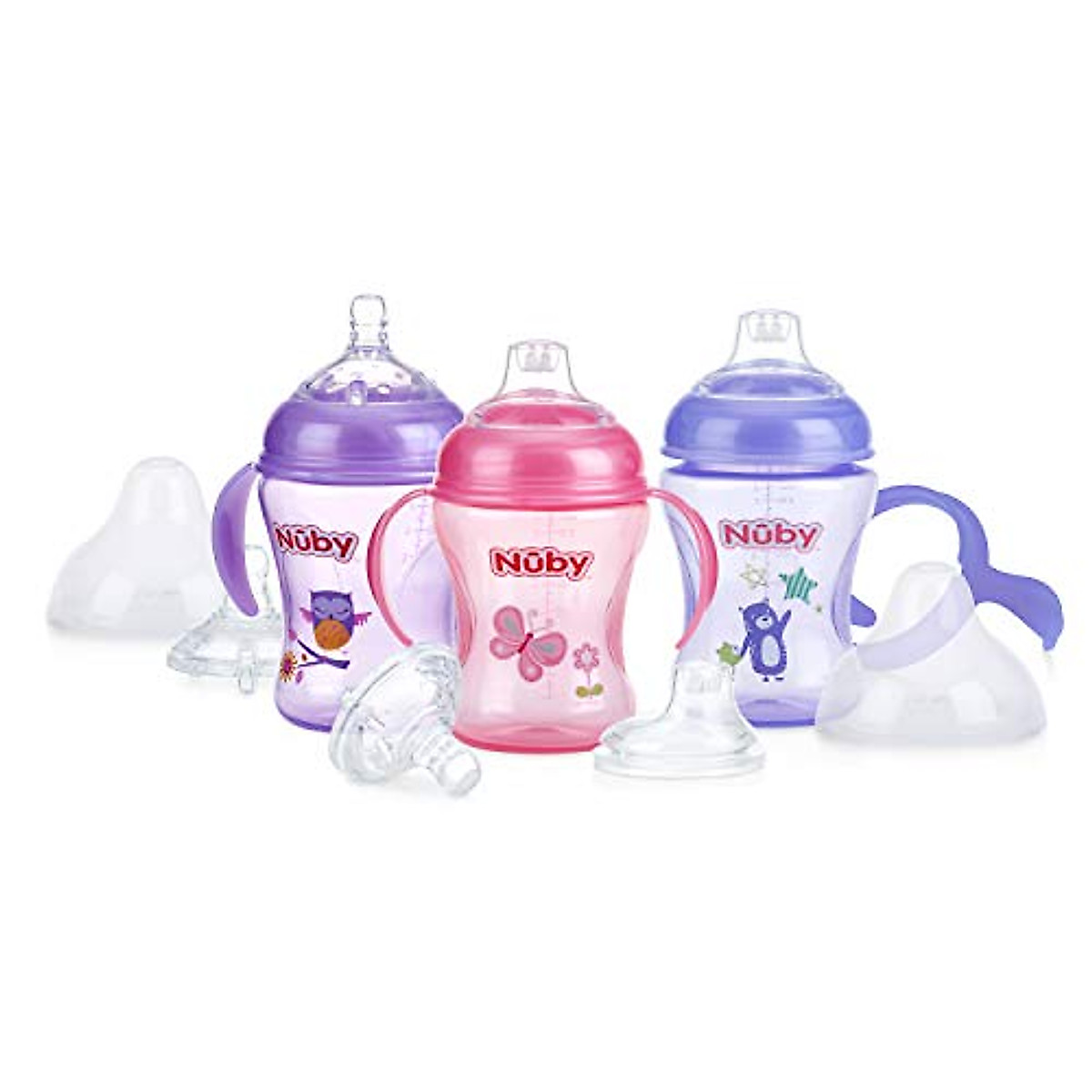 Nuby 3 Piece Natural Touch 3 Stage Wide Neck Breast Size Bottle-to-Cup, Girl