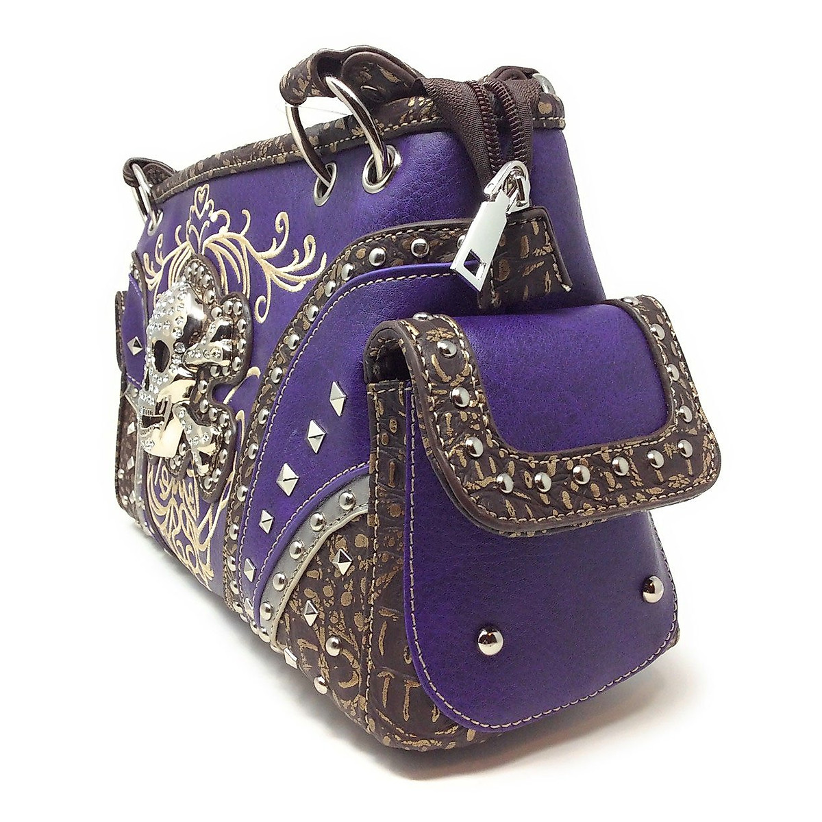 ZZ Fab Embroidered Concealed Carry Rhinestone Studded Skull Purse in 6 colors (Purple)