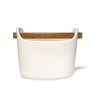 QualKits Ceramic Utensil Holder with Acacia Wood Handle - Multipurpose Caddy Organizer - Bathroom Organizer Countertop (White)