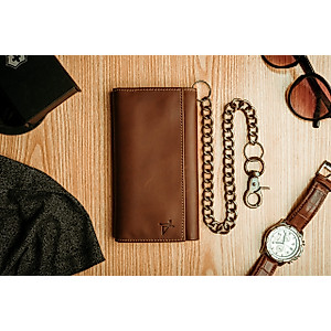 RFID Blocking Mens Tri-fold Long Style Cowhide Leather Chain Wallet Designed in the USA (vintage Brown)