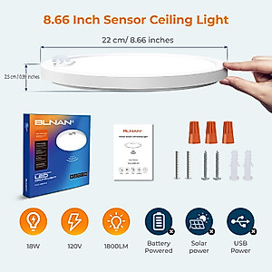 BLNAN Motion Sensor Ceiling Light Wired, 8.7 Inch 3000K 4000K 5000K Selectable LED Flush Mount Light Fixture, Motion Activated Light with Timer for Hallway Stair Walk-in Closet, Non-Dimmable 1 Pack