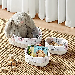 Sweet Jojo Designs Blush Pink Grey Boho Floral Girl Woven Storage Basket Set 3pc Cotton Rope Diaper Caddy Bins Baby Nursery Kids Closet Drawer Organizer Liner Bohemian Farmhouse Shabby Chic Watercolor