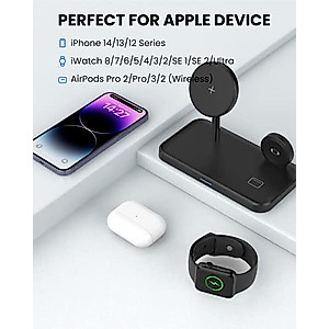 Wireless Charger for Magsafe, GEEKERA 3 in 1 Magnetic Wireless Charging Station for iPhone 14/13/12/Pro/Max/mini, Apple Watch 8/7/6/5/4/3/2/SE/Ultra, AirPods 3/2/Pro with QC 3.0 18W Adapter, Black