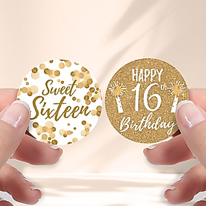 White and Gold Sweet 16 Birthday Stickers, Happy 16th Birthday Party Favor Labels, Sweet Sixteen - 40 Count