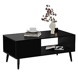 Yusong Modern Wood Coffee Table for Living Room, Retro Mid-Century Center Tables Cocktail Table with Storage Shelf for Reception, Black