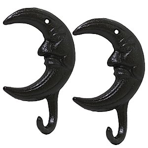 Coat Hooks, 2Pcs Heavy Duty Vintage Cast Iron Hook with Screws for Home Wall Hanging, Wall Mounted Antique Black Hooks for Coat, Scarf, Bag, Towel, Key, Cap (Moon Shape)