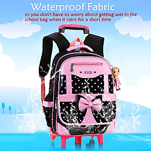 MITOWERMI Rolling Backpack for Girls Trolley School Bags Cute Bowknot Girls Backpack with Wheels Carry-on Travel Luggage with Handbag Toddler Elementary Princess Bookbags