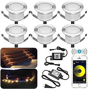 LED Deck Lights Kit Bluetooth Controlled, Sumaote 6 pcs Φ1.77" Low Voltage Recessed Deck Lighting Outdoor Waterproof Garden Landscape Soffit Stair Steps Warm White LED Lighting